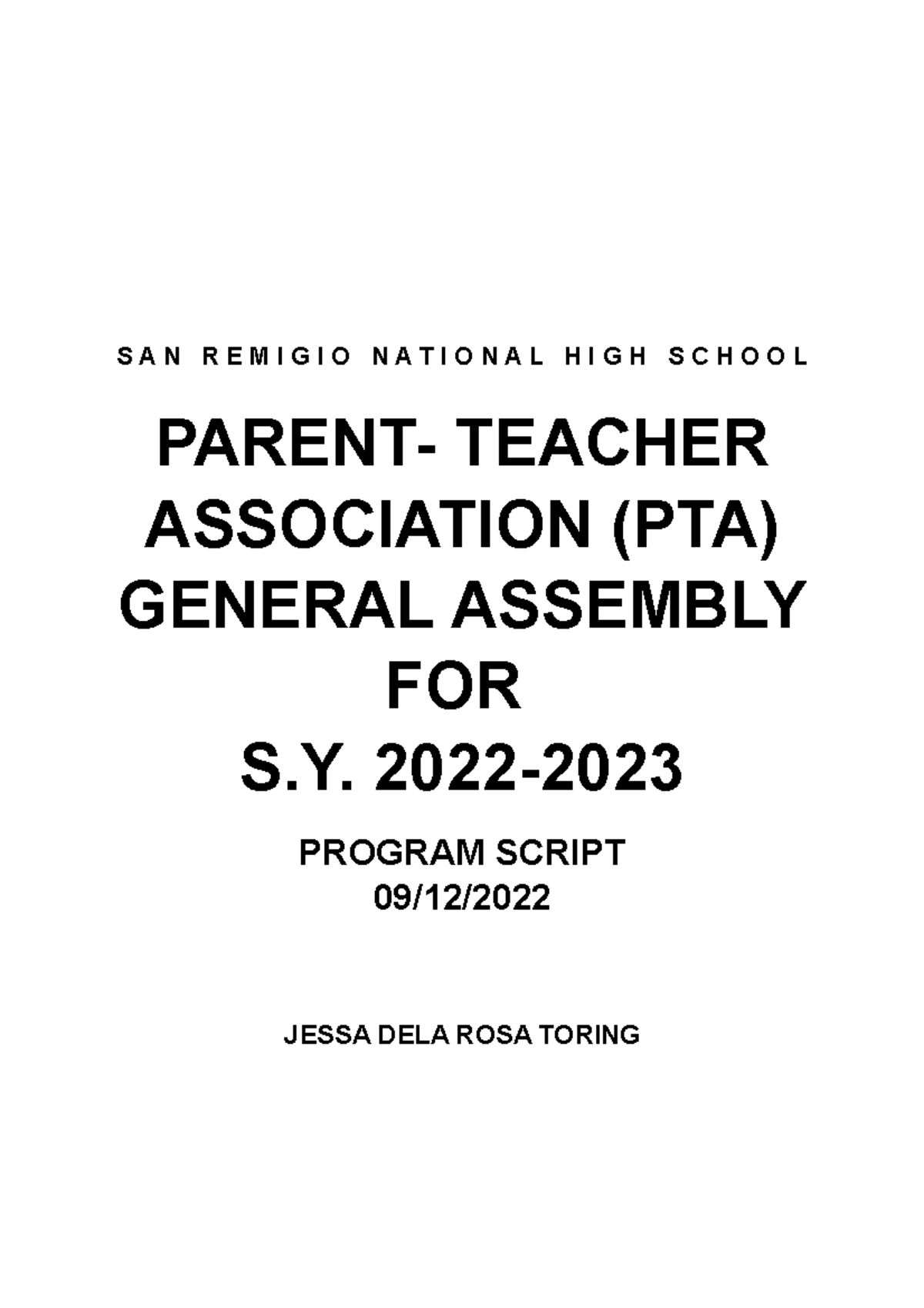 PTA General Assembly Script for S. 2022 - San Remigio National HS - Studocu