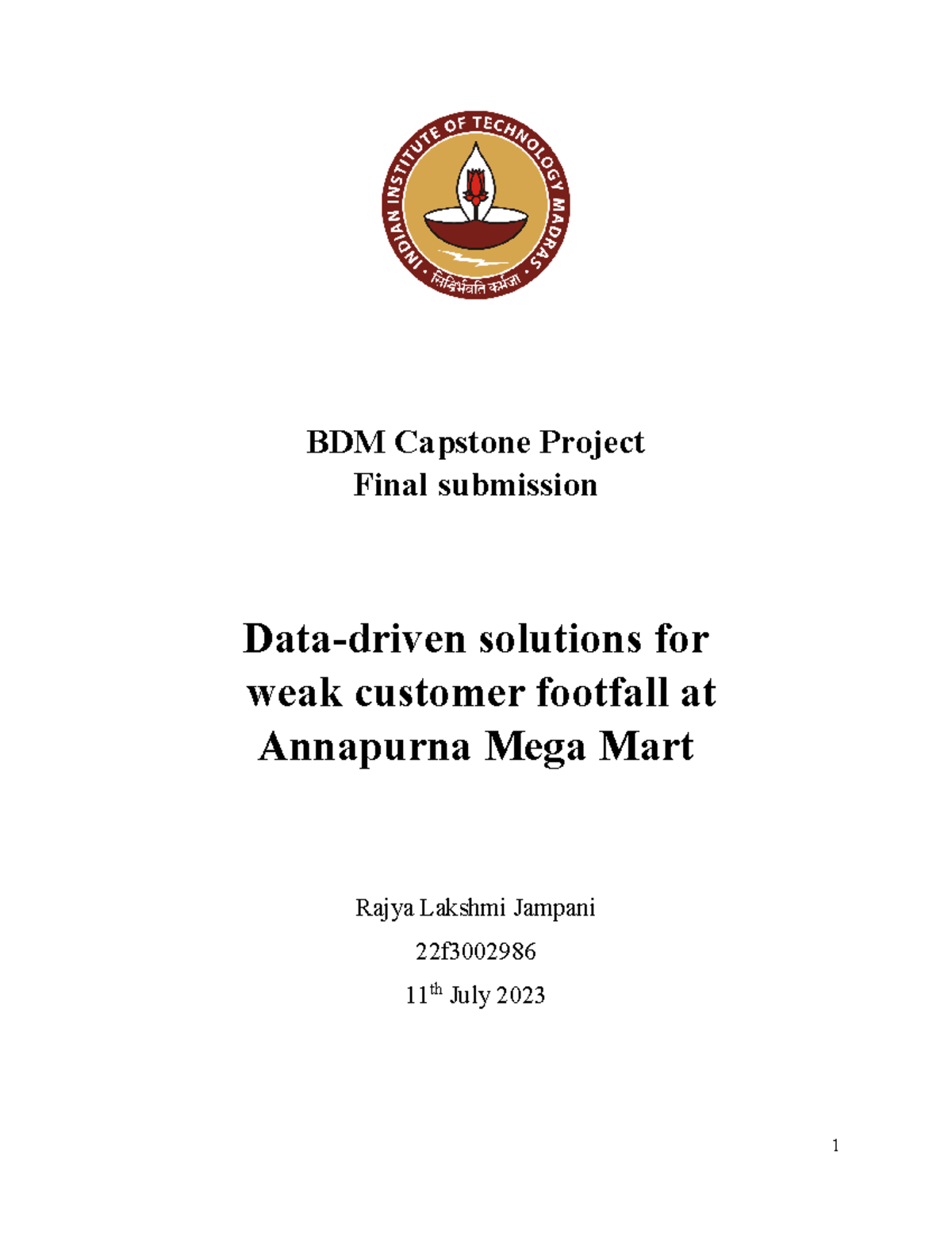 BUSINESS DATA MANAGEMENT BDM500 FINAL PROJECT ON CUSTOMER FOOTFALL ...
