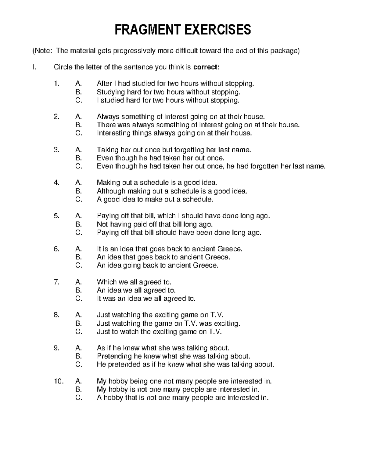 ENG 101 Fragment Exercises: Identifying and Correcting Sentence ...