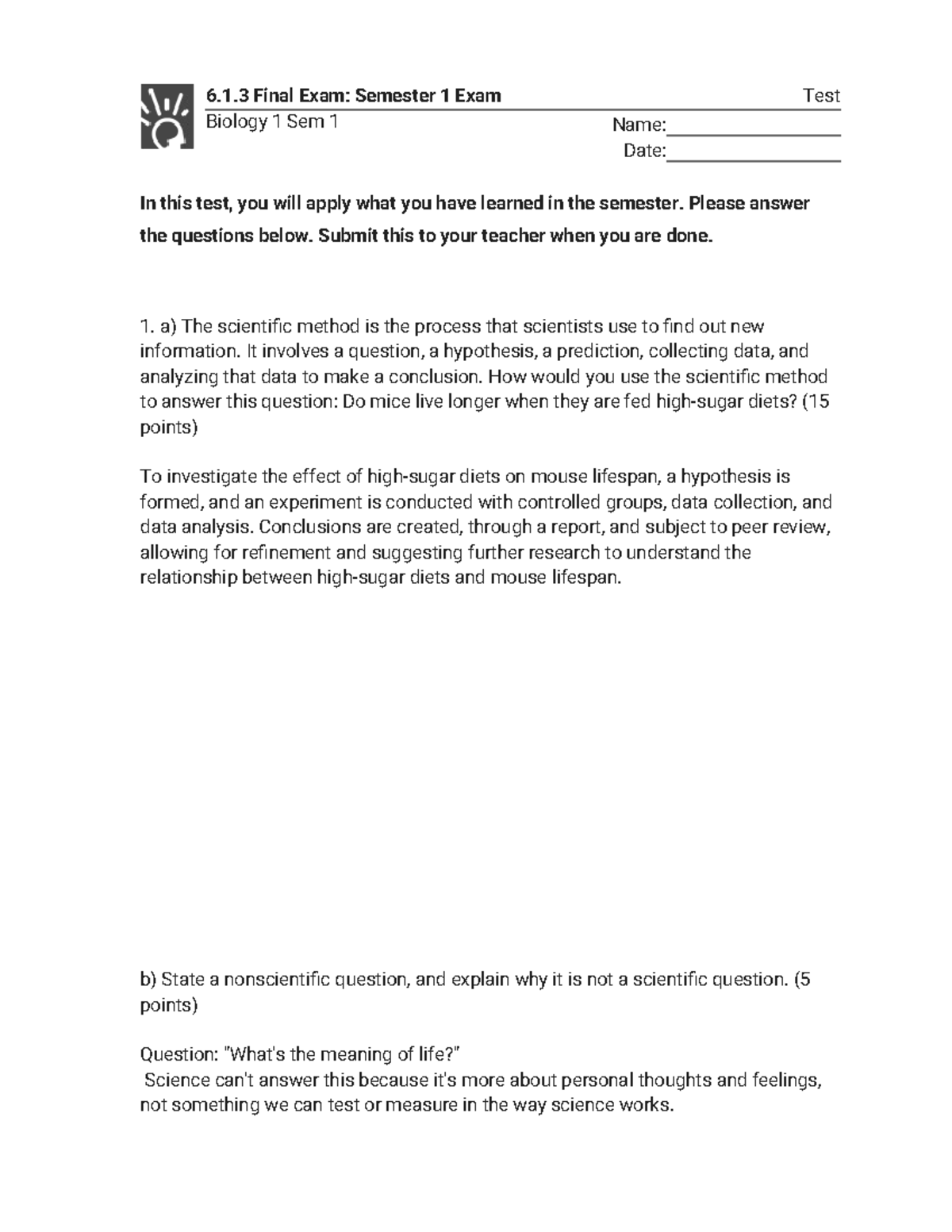 6.1.3 Final Exam - Biology 1 Semester 1 Assessment Guide - Studocu