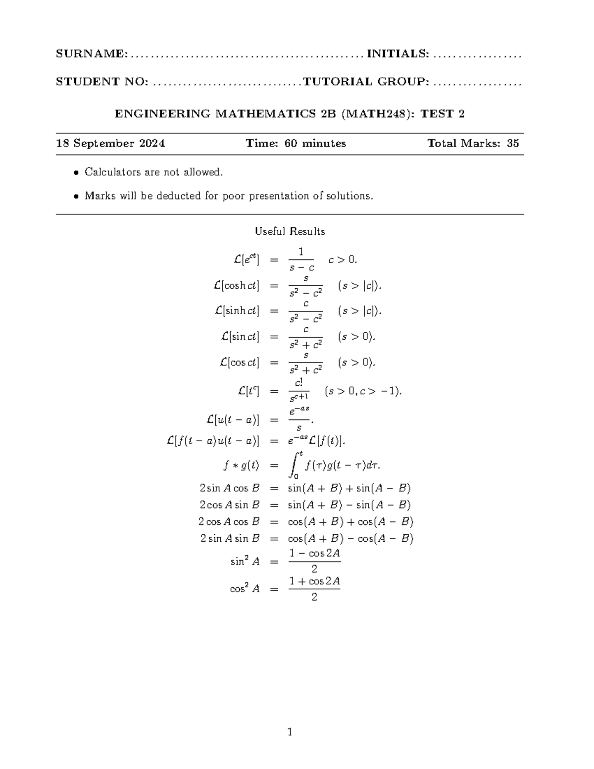 MATH248: Engineering Mathematics 2B - Test 2 Notes - Studocu