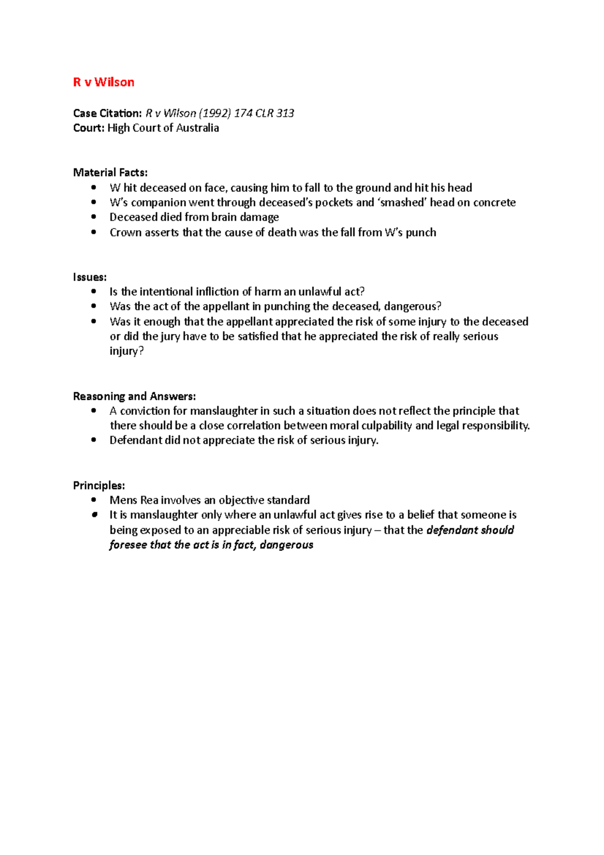 R v Wilson (1992) High Court Case Summary and Analysis - Studocu