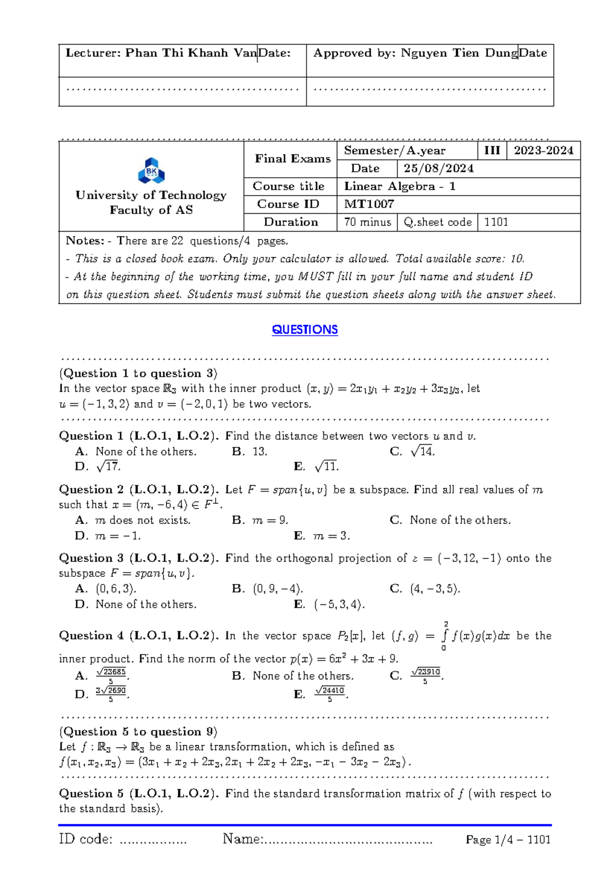 Final Exam MT1007: Linear Algebra 1 Questions and Solutions - Studocu