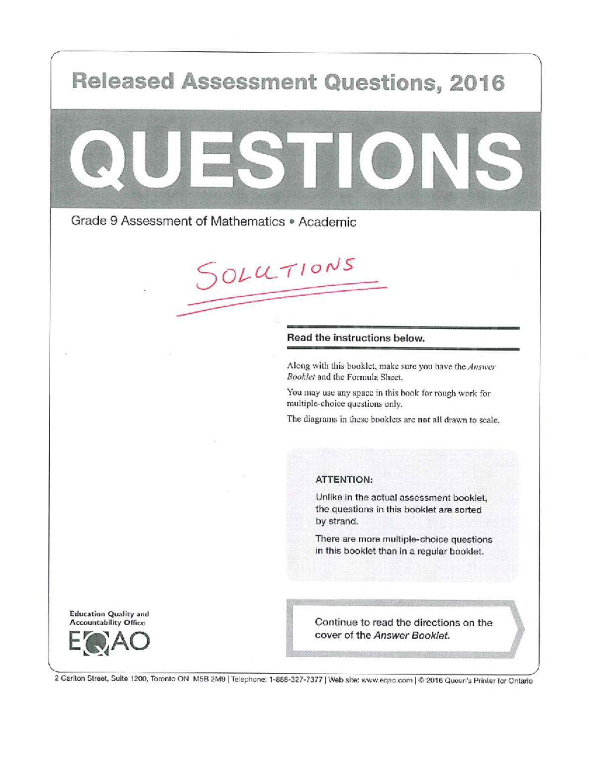 Grade 9 Math EQAO Released Assessment Questions & Solutions 2016 - Studocu