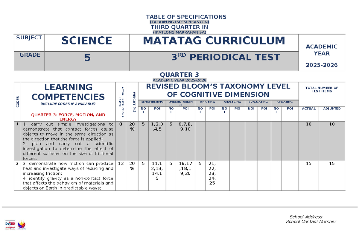 Science 5 (Matatag) - 3rd Periodical Test: Force, Motion & Energy - Studocu