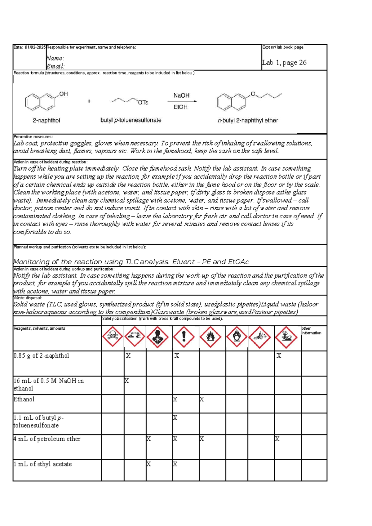 Risk assessment for lab experiment 1: safety measures and procedures ...