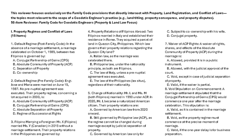 Family Code Practical Exam for Geodetic Engineers (Property Focus ...
