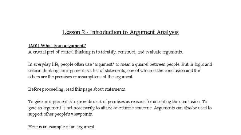 Lesson 2 - Intro to Argument Analysis: Understanding Arguments and ...