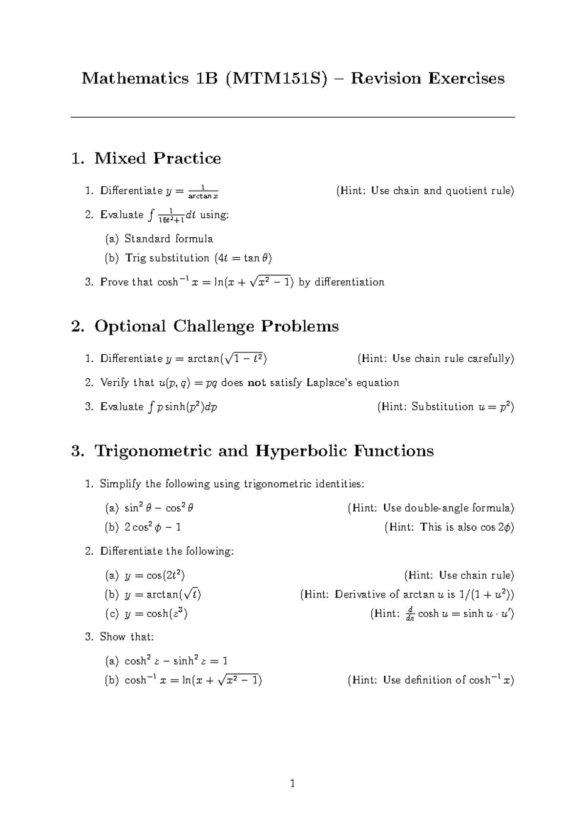 Mathematics 1B (MTM151S) Revision Exercises: Mixed Practice ...
