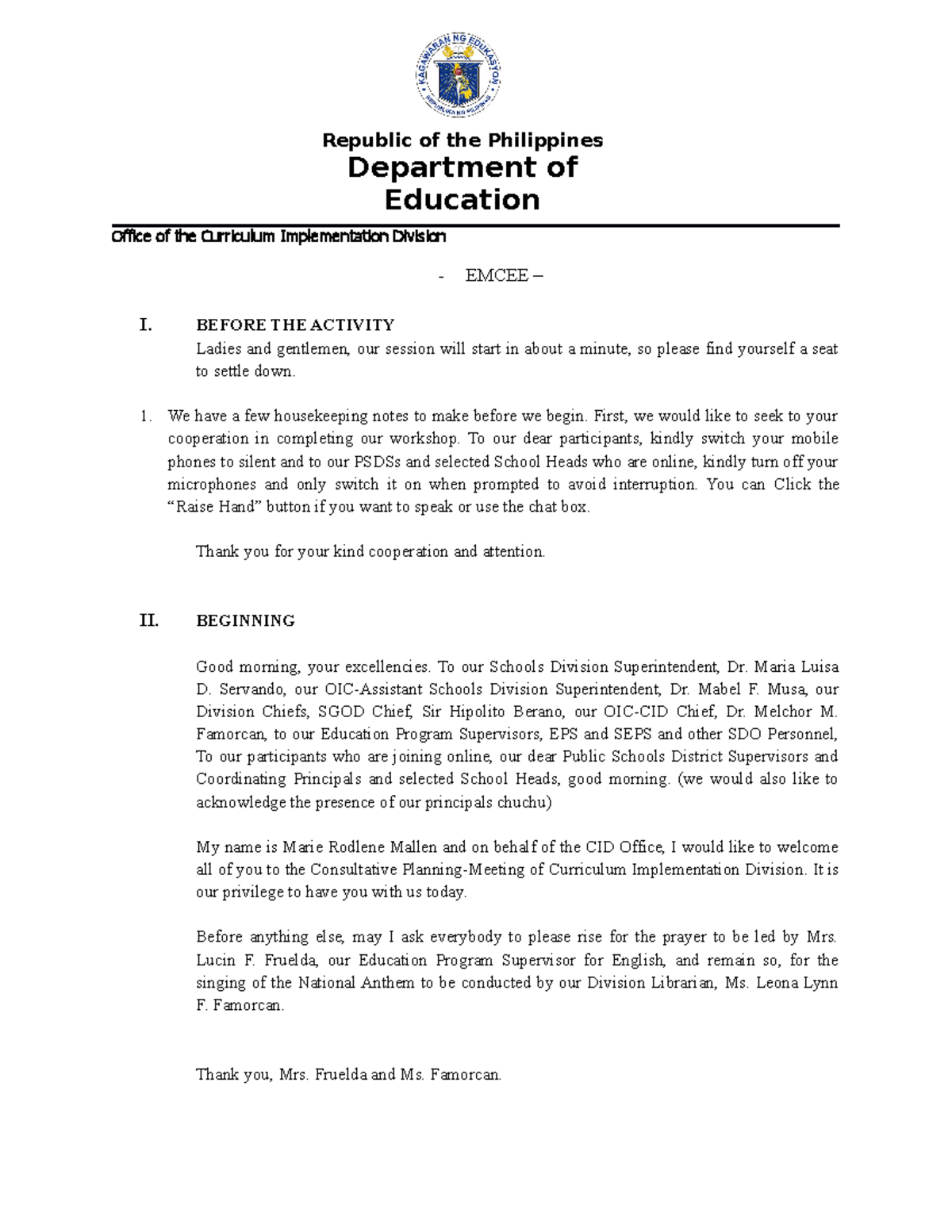 Emcee SCRIPT (Conference or Meetings) - Office of the Curriculum ...