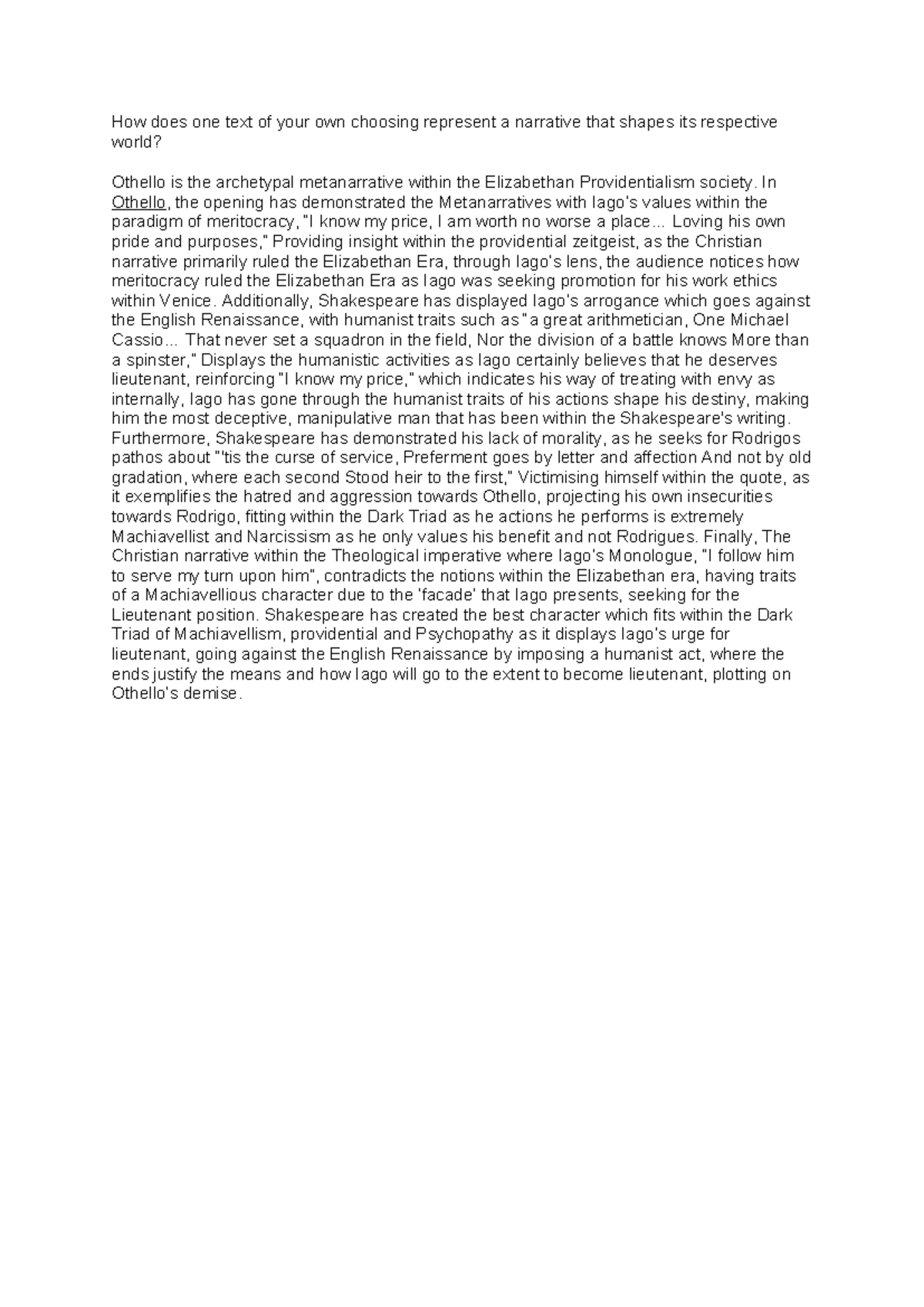 Othello: A narrative shaping the Elizabethan providentialism society ...