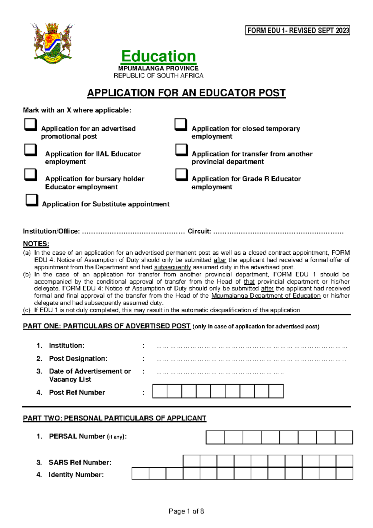 EDU1 Educator Application Form - Revised 2023 for Mpumalanga - Studocu