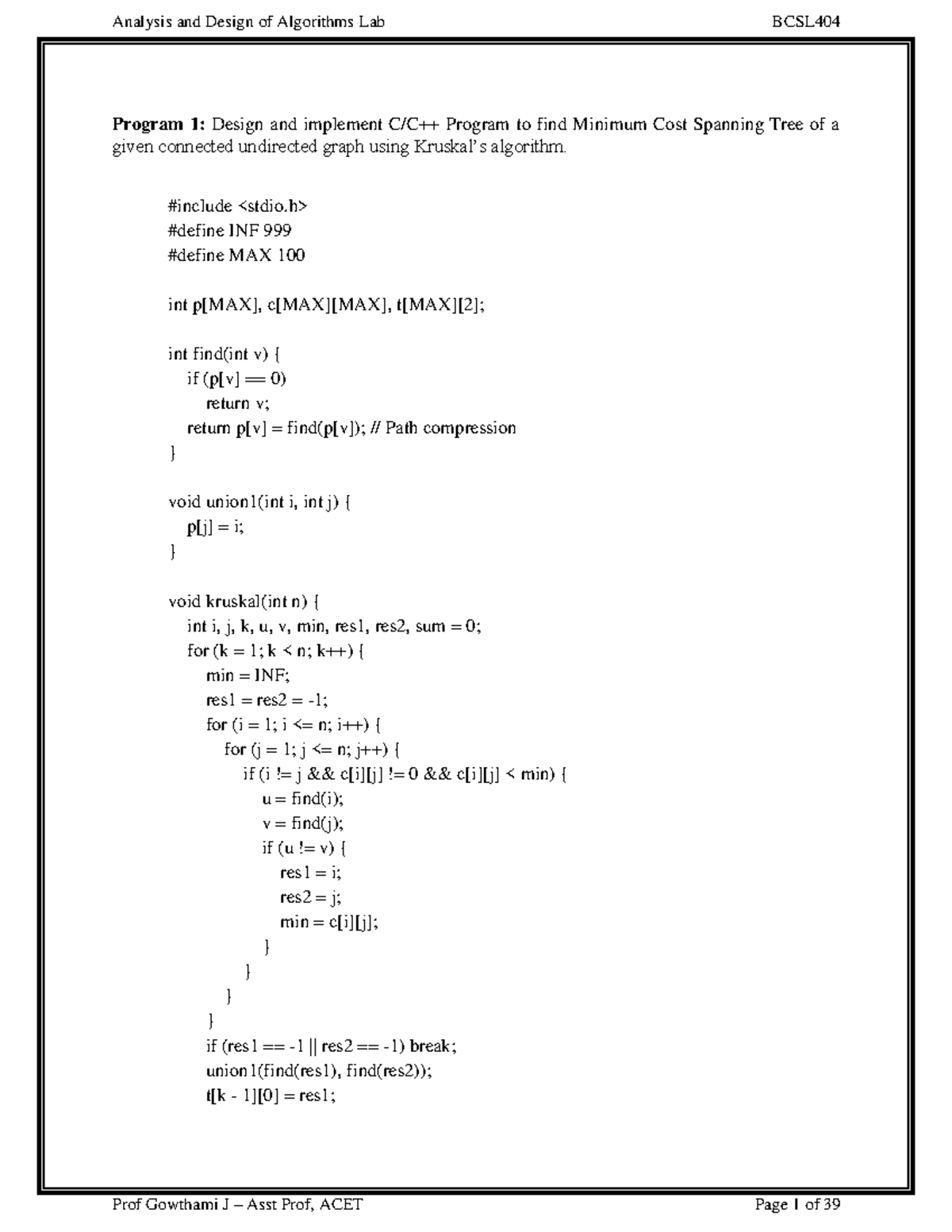 ADA Lab Manual BCSL404: 12 Programs on Algorithms Design ...