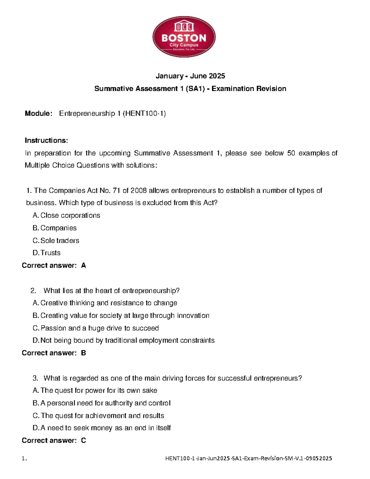 HENT100-1 Jan-Jun 2025 SA1 Exam Revision: MCQ Practice & Solutions - Studocu