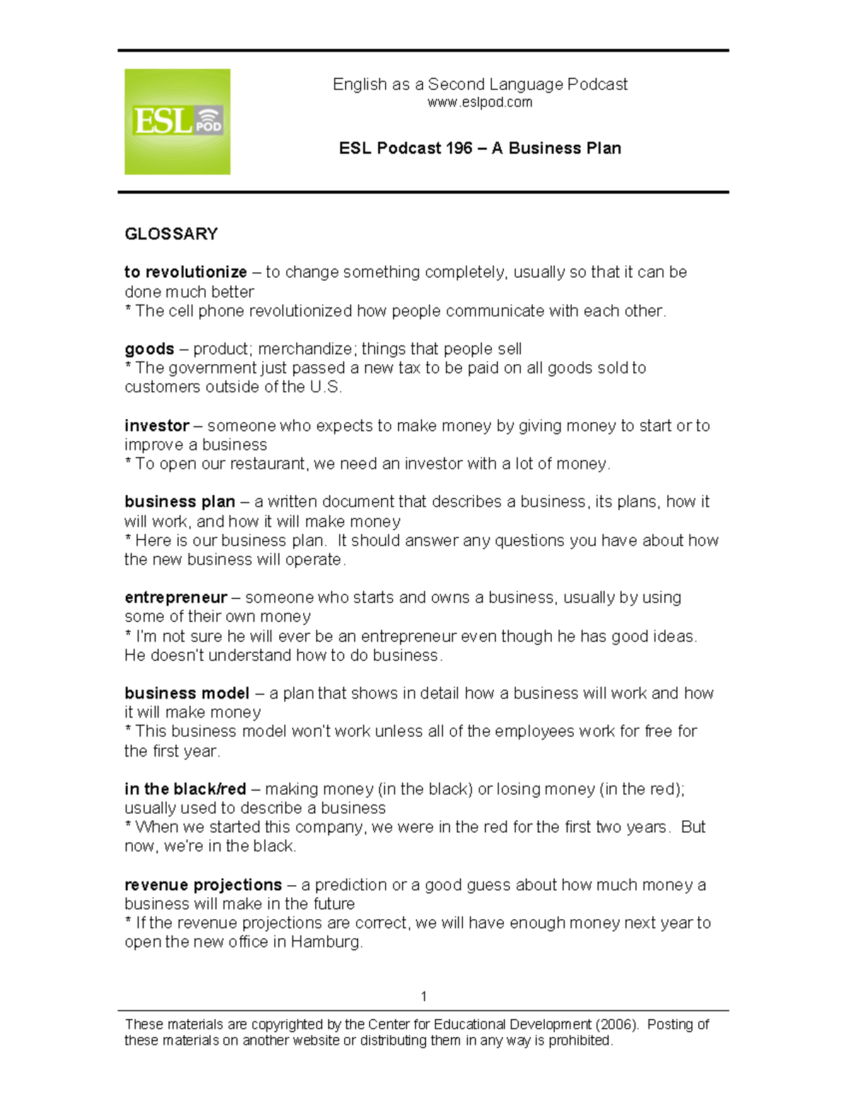 ESLPod 196 Guide - eslpod ESL Podcast 196 – A Business Plan These ...