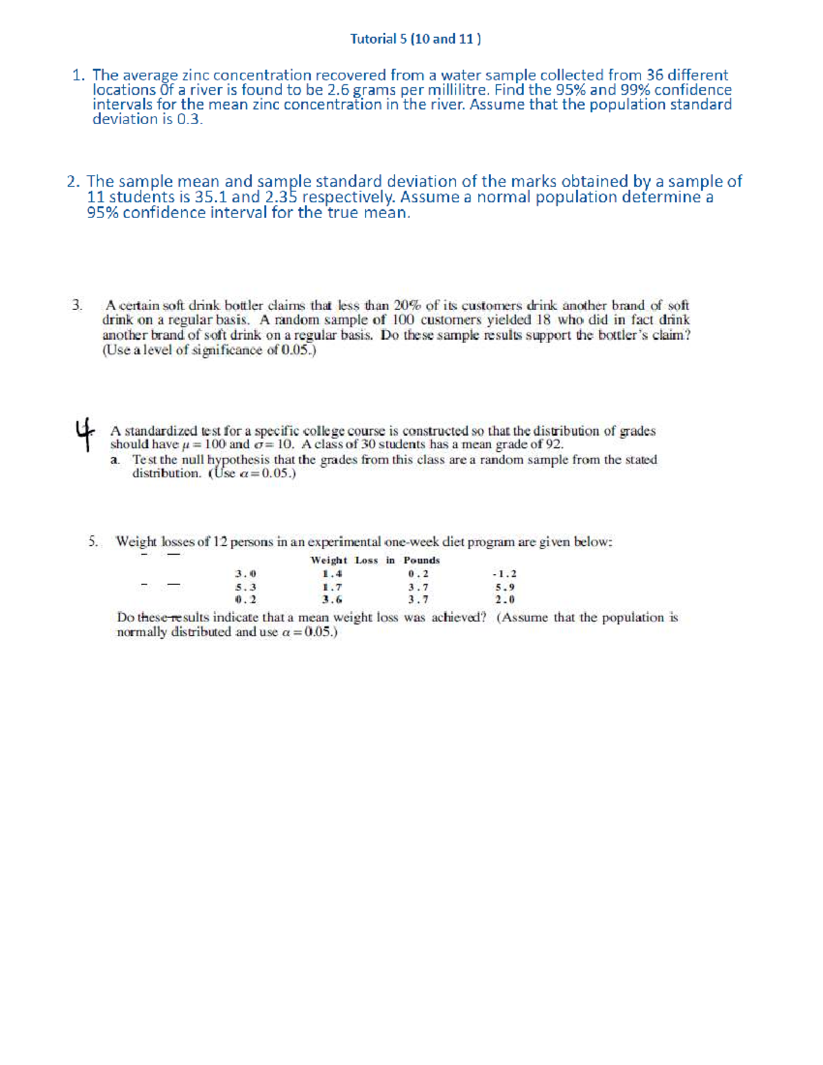 Tutorial 5 Questions: Confidence Intervals & Hypothesis Testing - Studocu