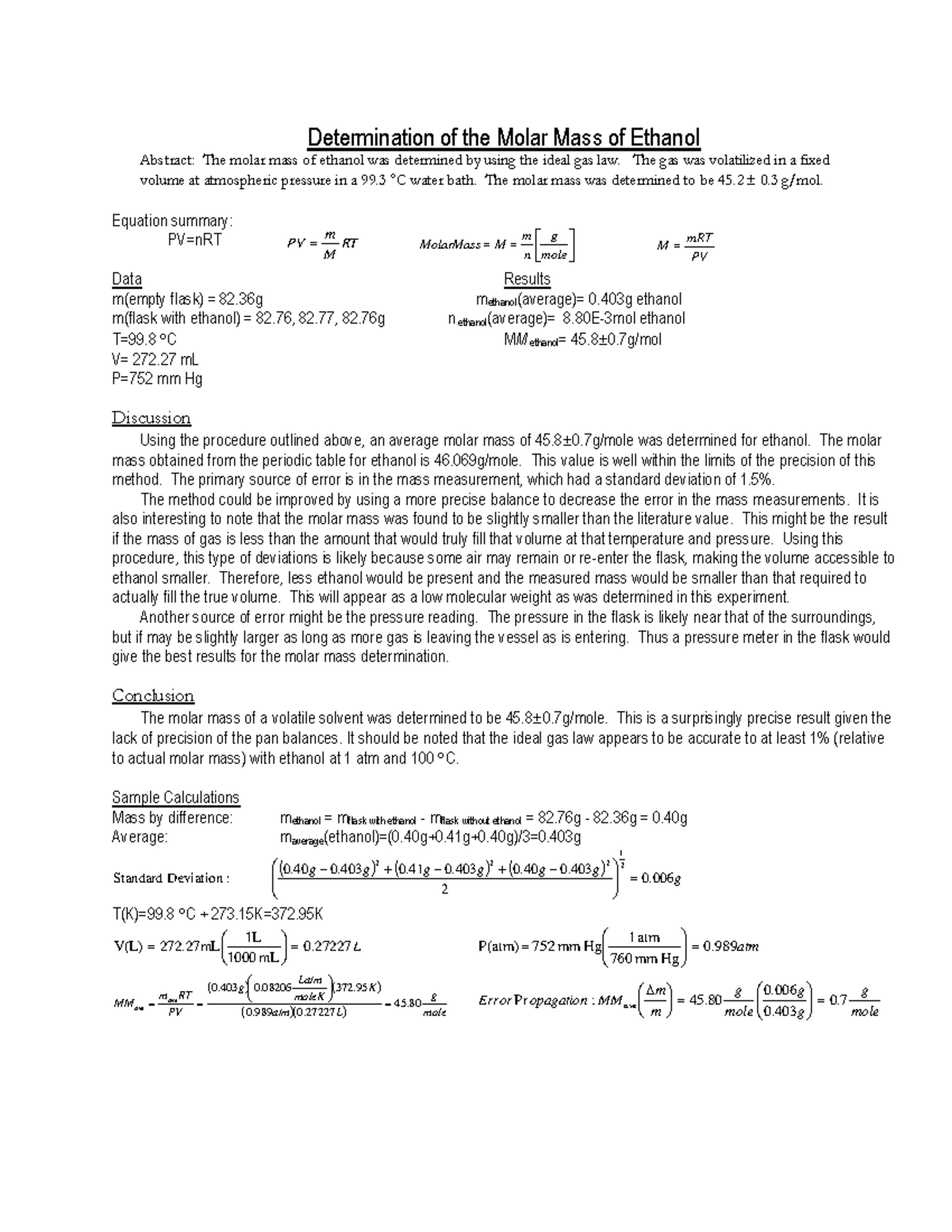 Determination of Molar Mass of Ethanol in Samplelab - Lab Report - Studocu