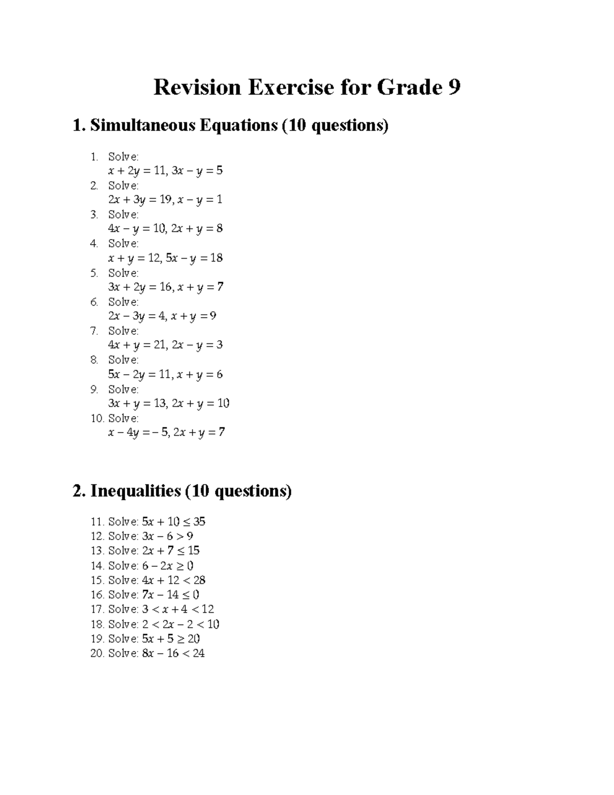 Grade 9 Mathematics Revision Exercise: Simultaneous Equations & More ...