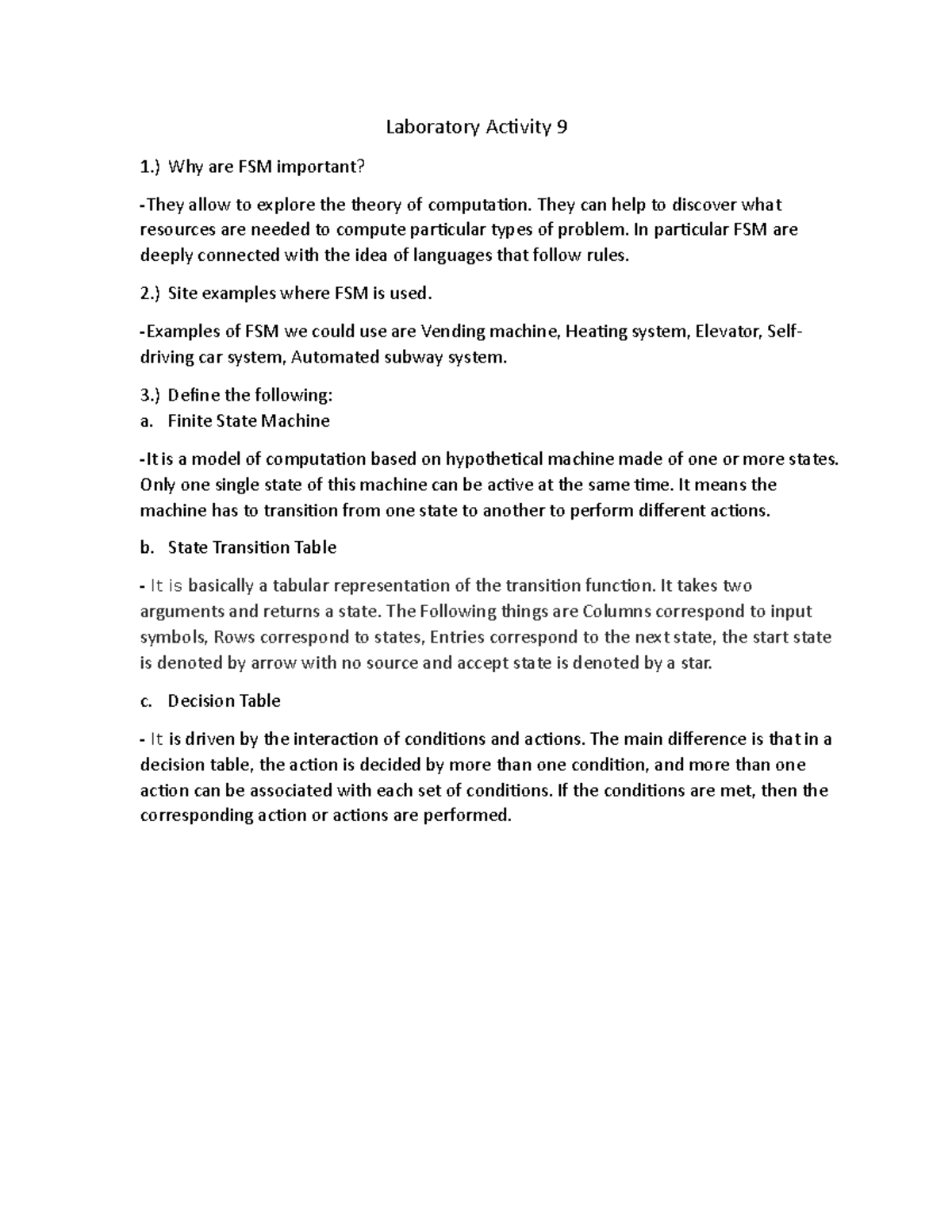 Laboratory Activity 9, exp - Laboratory Activity 9 1.) Why are FSM ...