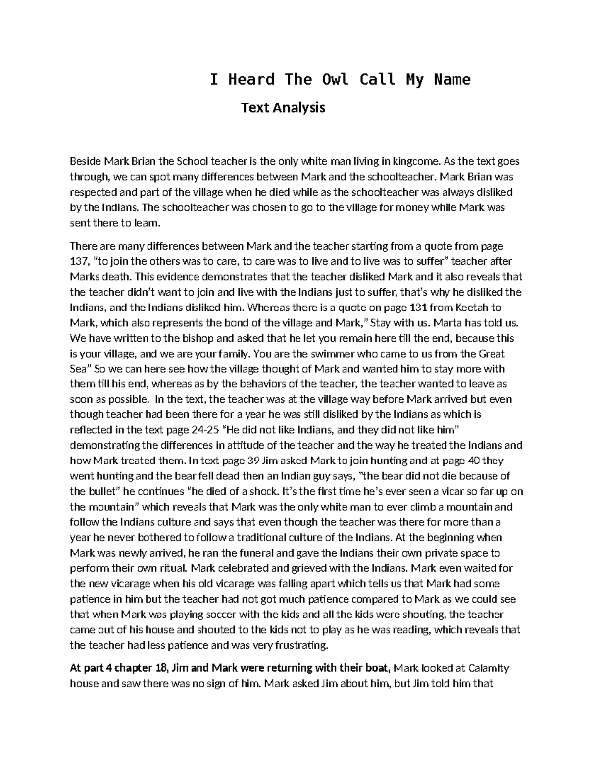 I Heard The Owl Call My Name: Text Analysis for ENG 101 Essay - Studocu