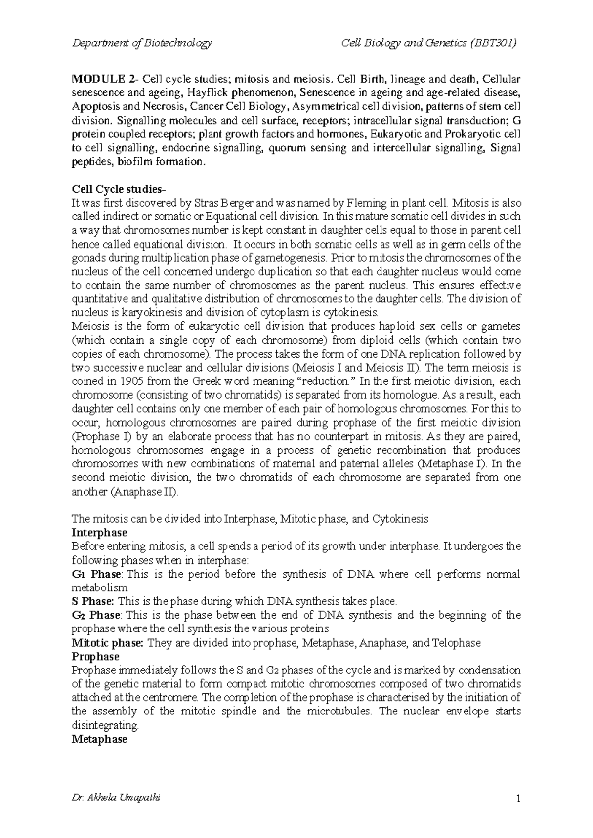 Cell Biology and Genetics (BBT301) Module 2: Cell Cycle, Mitosis, and ...