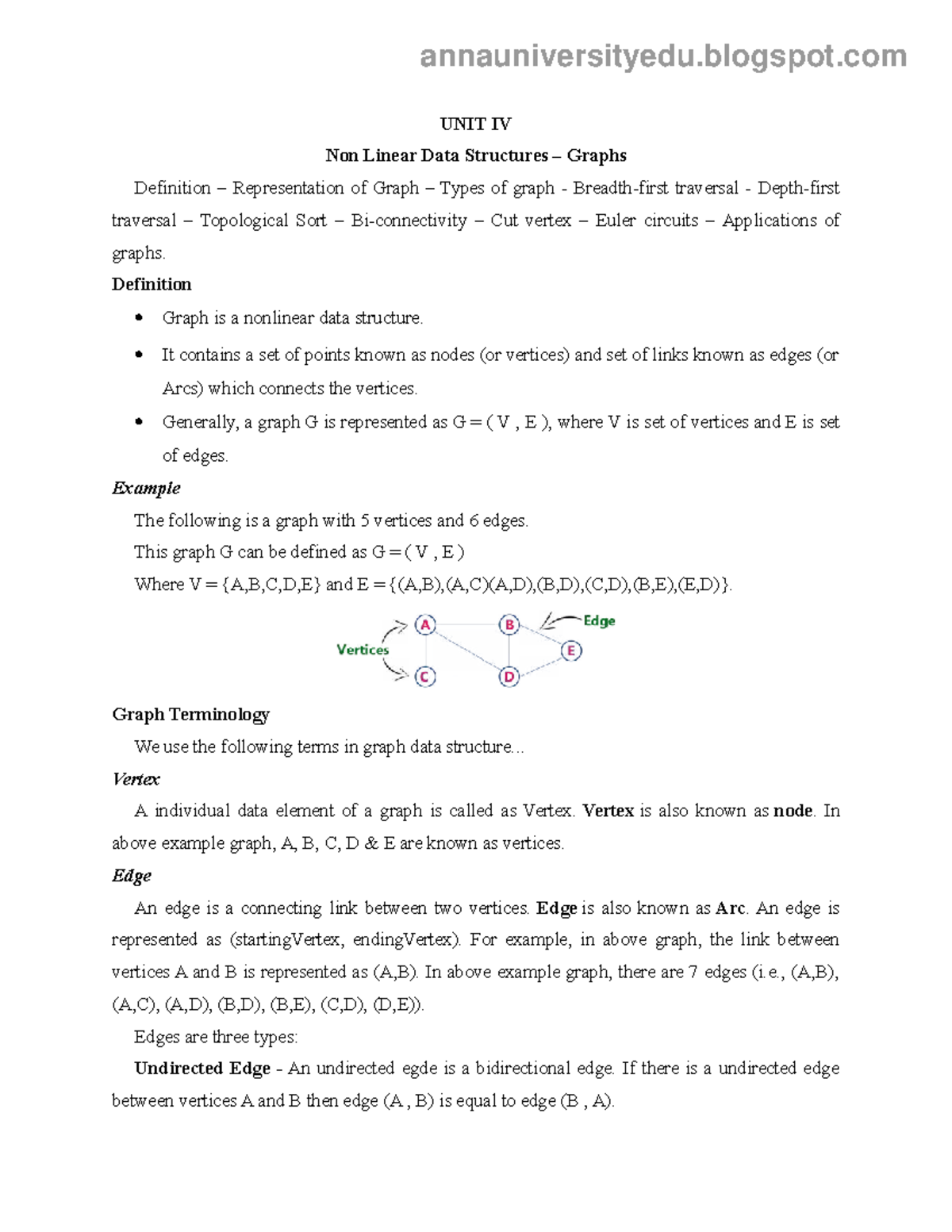 UNIT IV: Non-Linear Data Structures - Graphs Overview and Traversals - Studocu