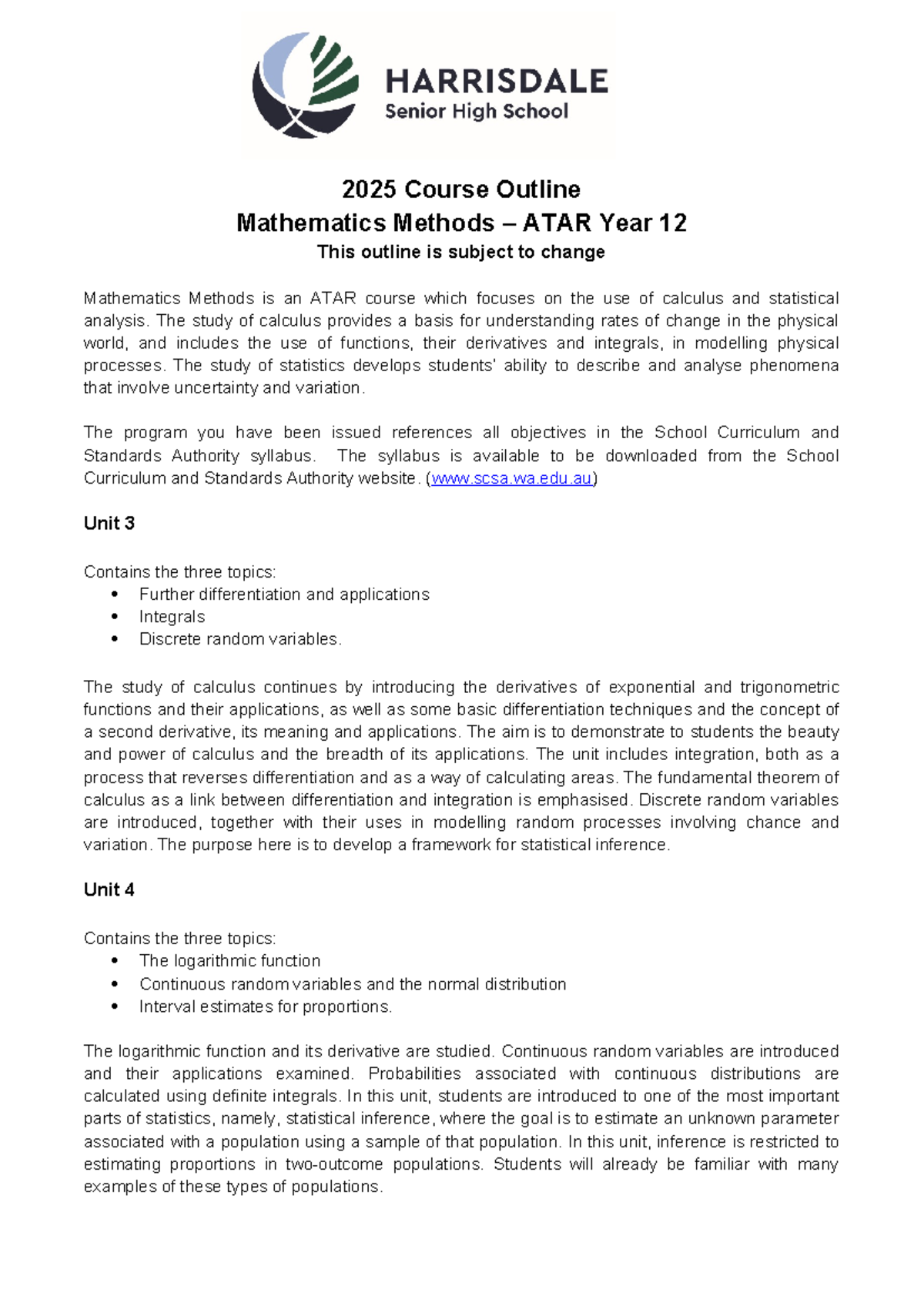 2025 Course Outline: Mathematics Methods ATAR Year 12 Syllabus Overview ...