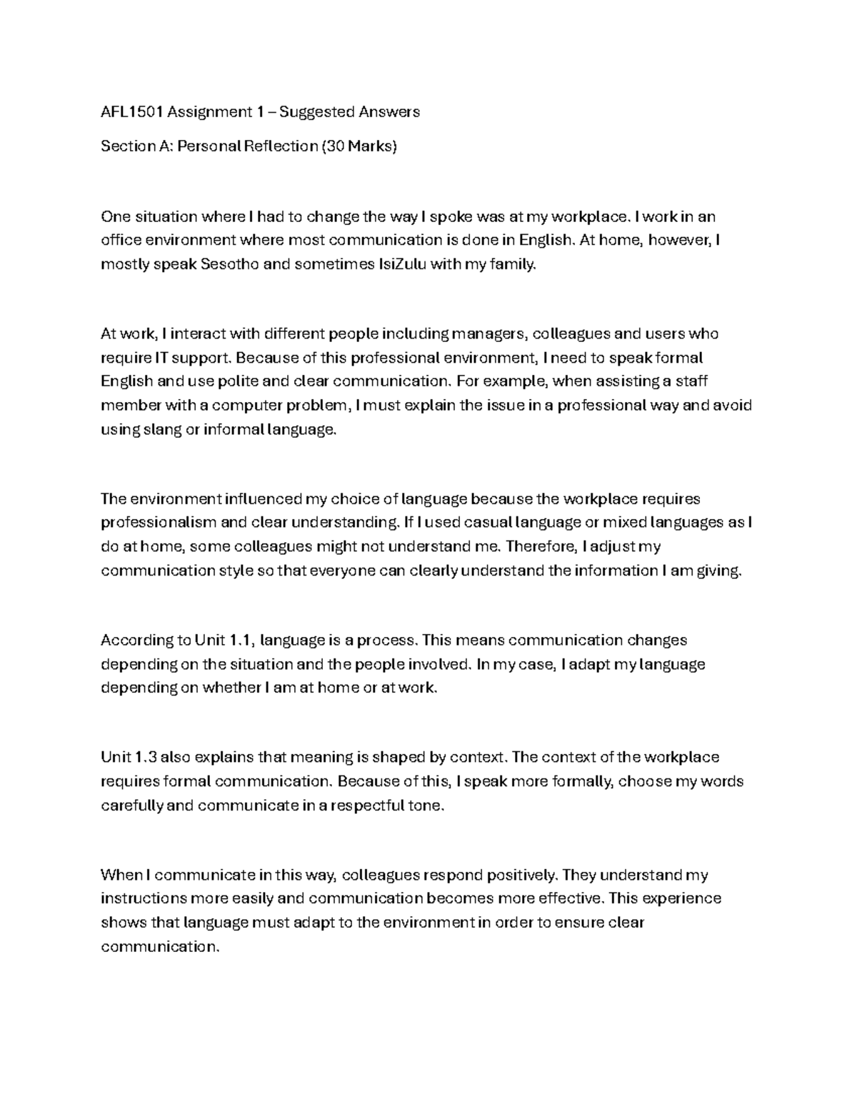 AFL1501 Assignment 1: Language Adaptation & Communication Reflection ...