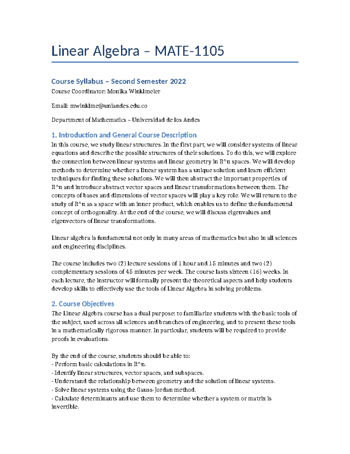 Linear Algebra Syllabus MATE1 105 - Second Semester 2022 - Studocu