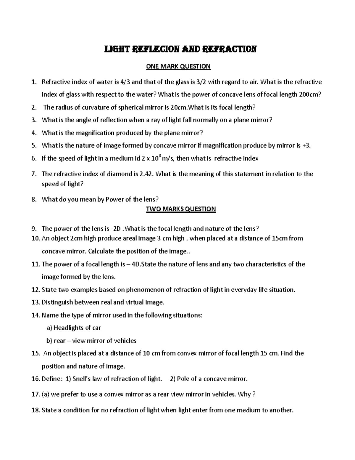 Chapter 10: Light Reflection and Refraction - One Mark to Five Marks Q ...