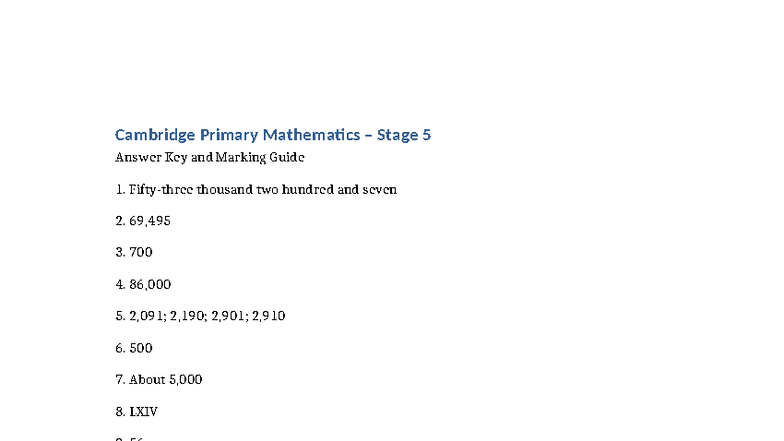 Cambridge Primary Mathematics Stage 5 Exam Answers & Guide - Studocu