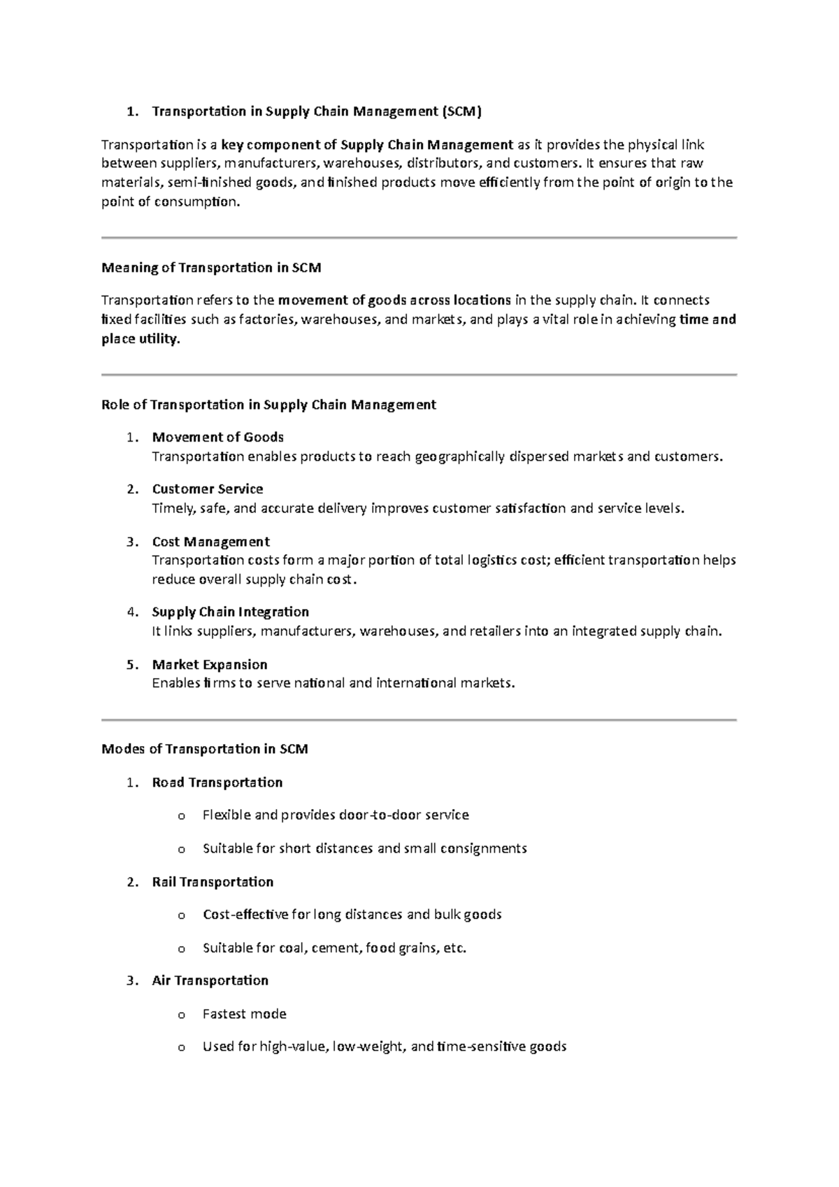 LSCM Unit 3: Transportation in Supply Chain Management - Studocu