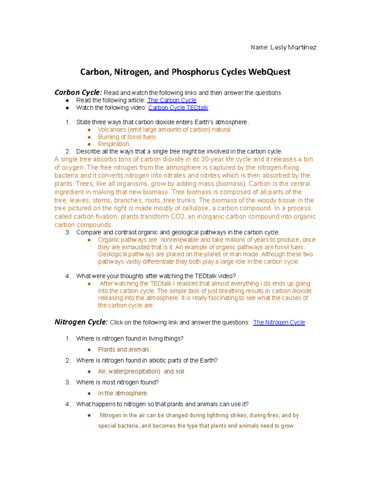 Carbon, Nitrogen, & Phosphorus Cycles WebQuest Notes - Studocu