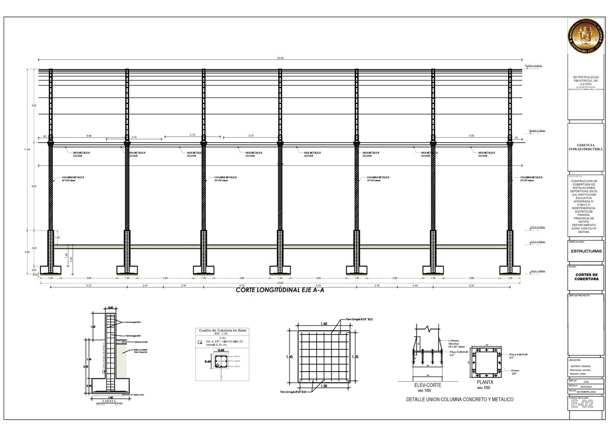 Estructuras E-02 - CORTE LONGITUDINAL EJE A-A Esc.: 1/ COLUMNA METALICA ...