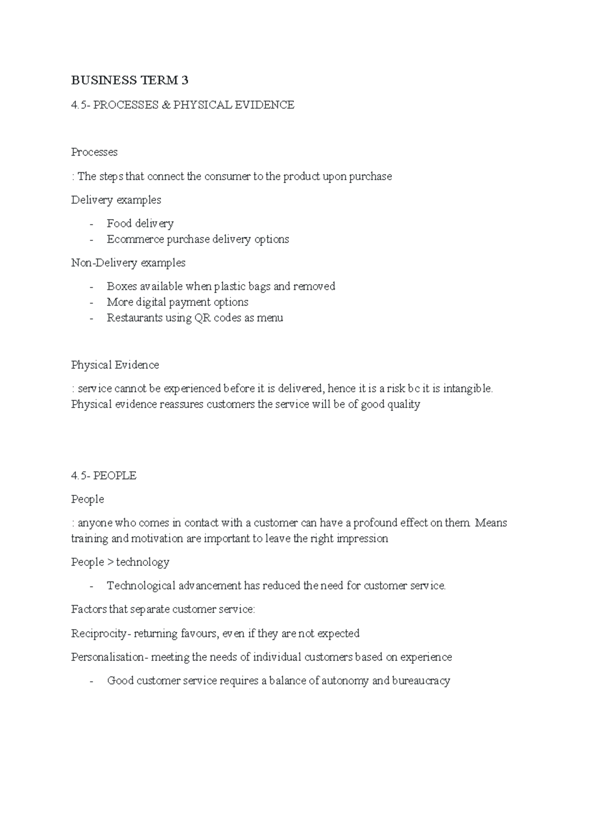 BUSINESS TERM 3: PROCESSES & PHYSICAL EVIDENCE IN SERVICE - Studocu