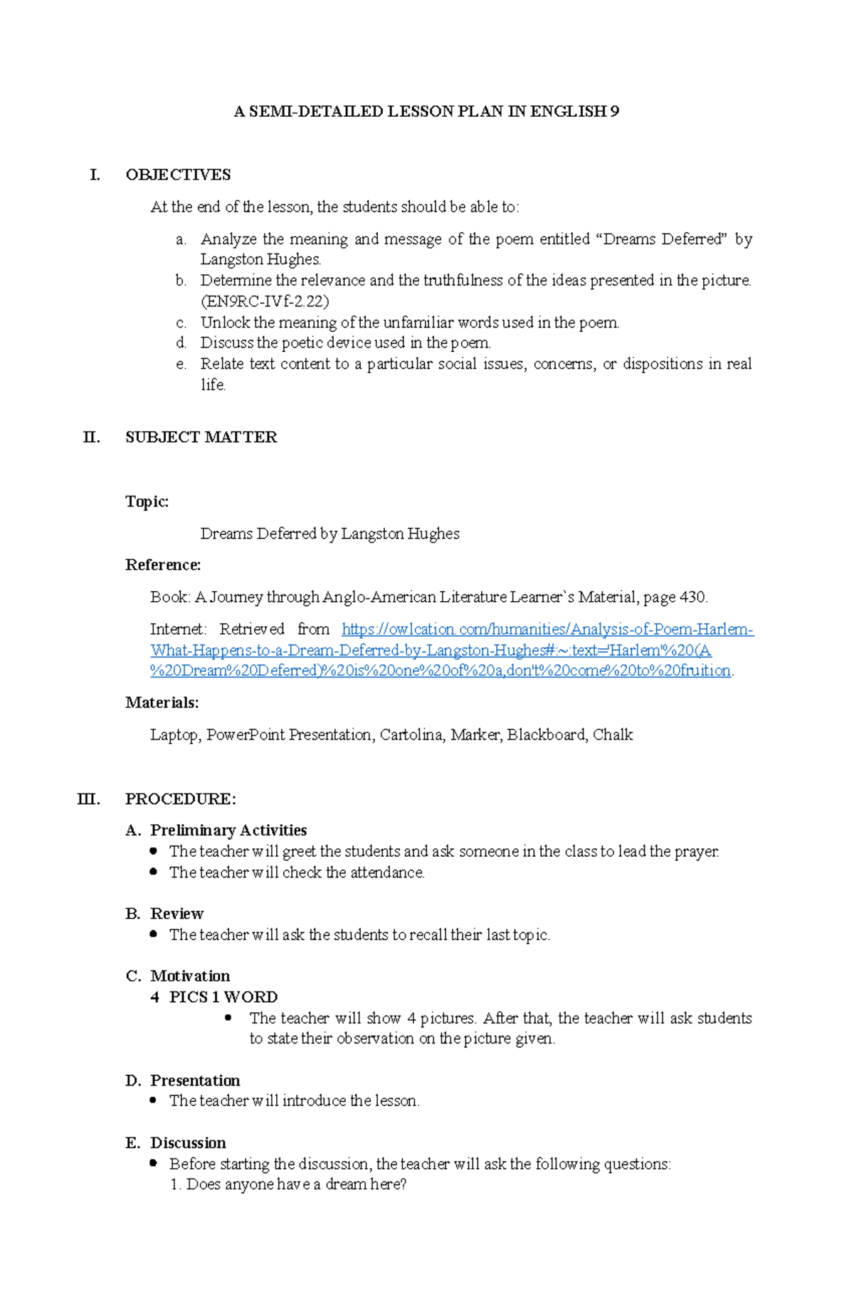 Semi-Deetailed Lesson Plan in English (Dreams Deferred) - A SEMI ...