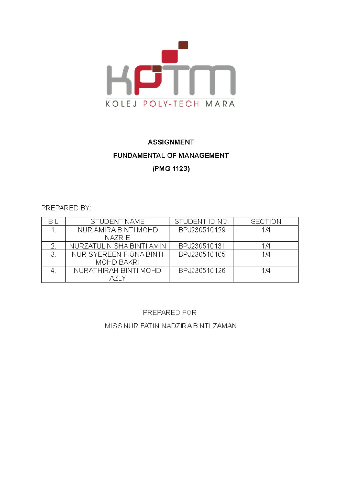 PMG1123 Reportassignment DHRM1 4 - ASSIGNMENT FUNDAMENTAL OF MANAGEMENT ...