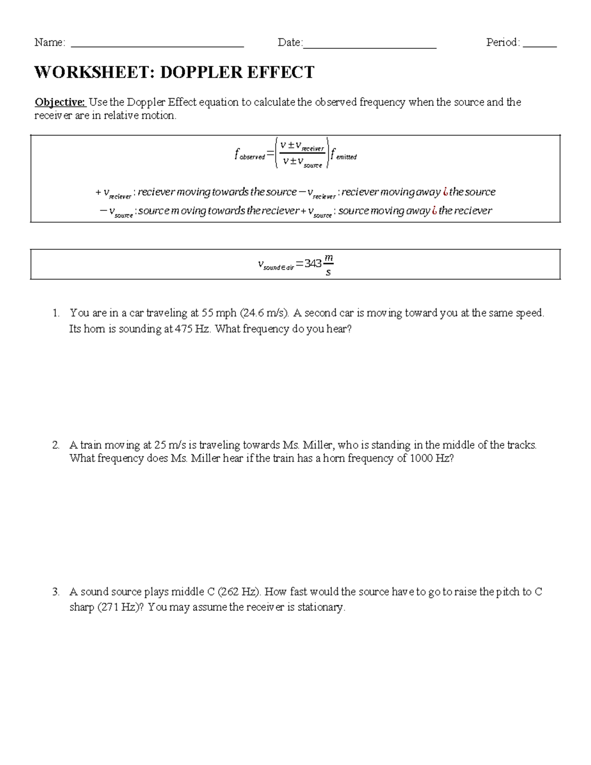 Worksheet doppler effect - Name: Date:_______________________ Period ...