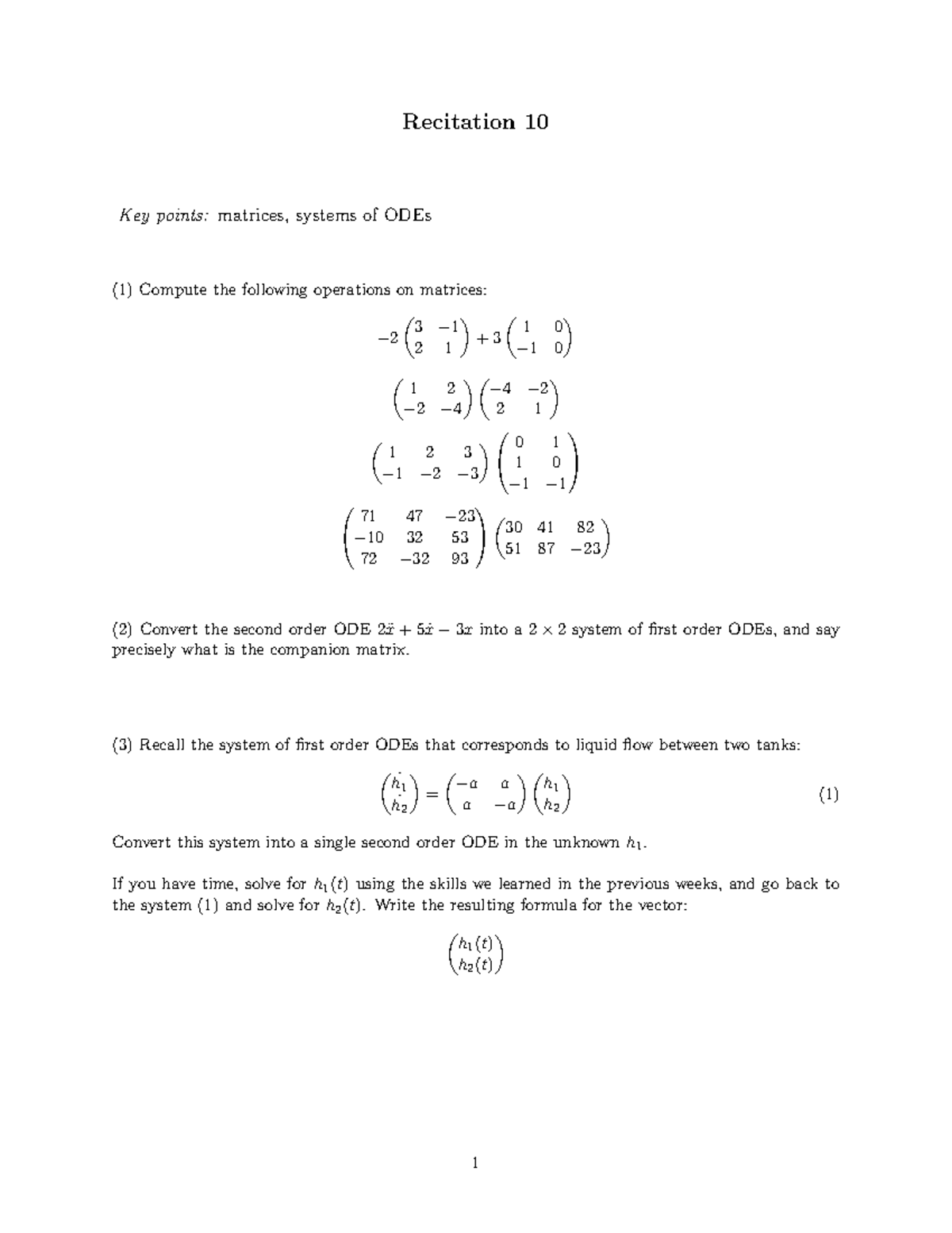 Practice Problems 10: Matrices & ODE Systems Review - Studocu