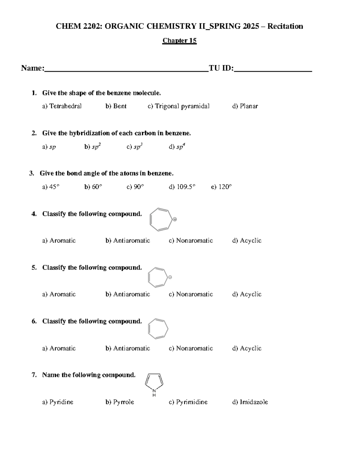 CHEM 2202 Spring 2025 - Recitation chapter 15 questions - CHEM 220 2 : ORGANIC CHEMISTRY II ...