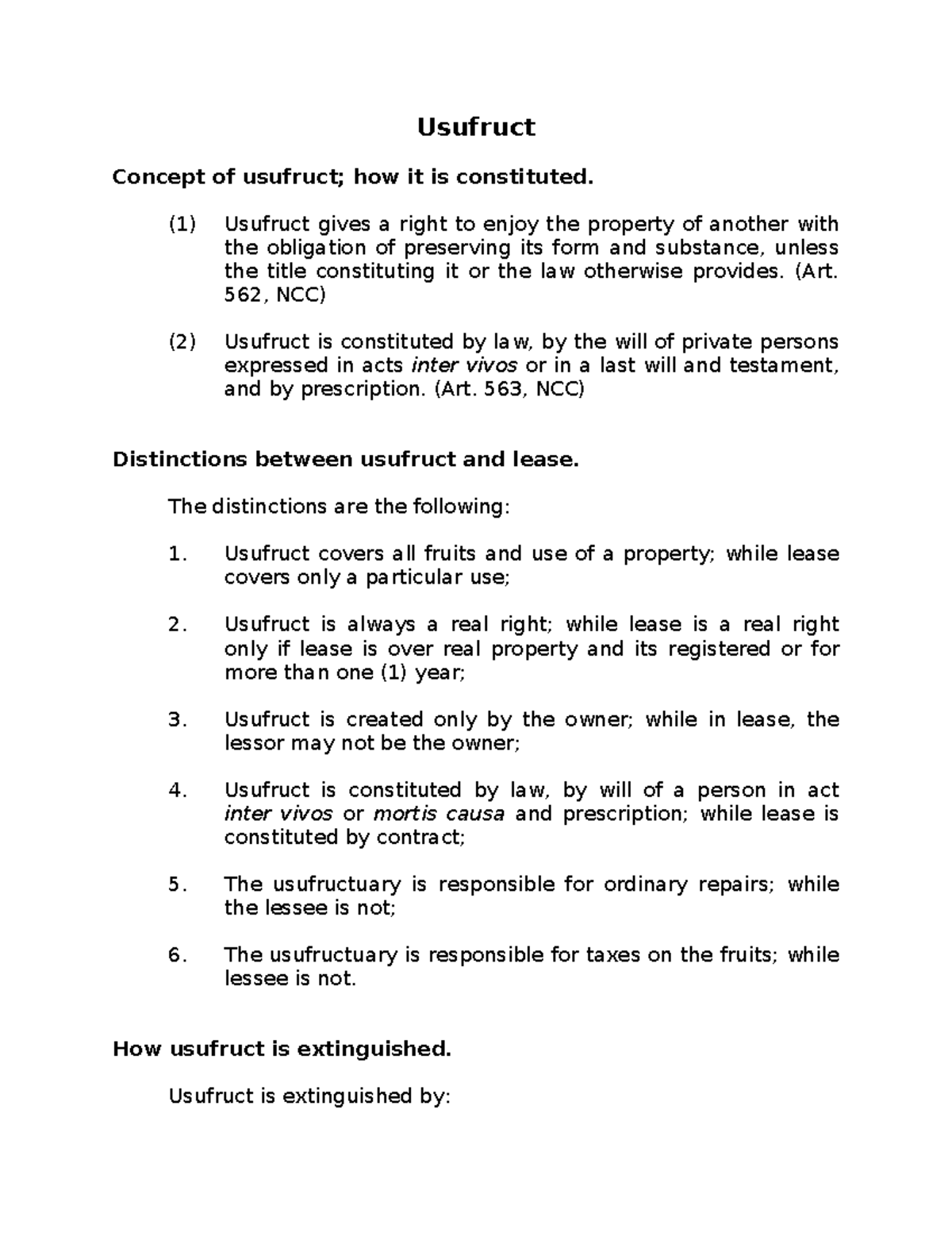 Usufruct and Easement Concepts: Legal Framework and Distinctions - Studocu