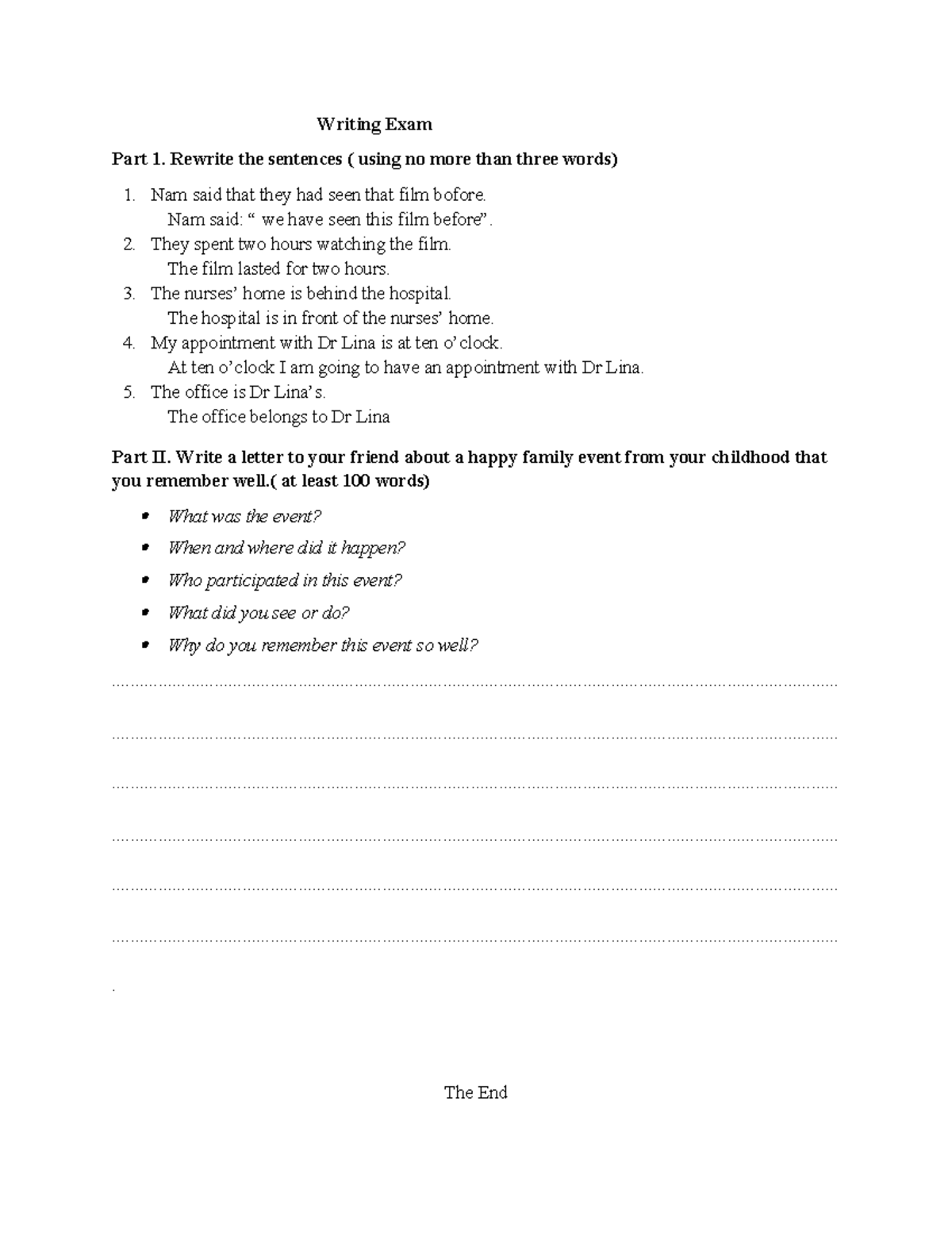 Writing Exam - Part 1 & 2 - Studocu