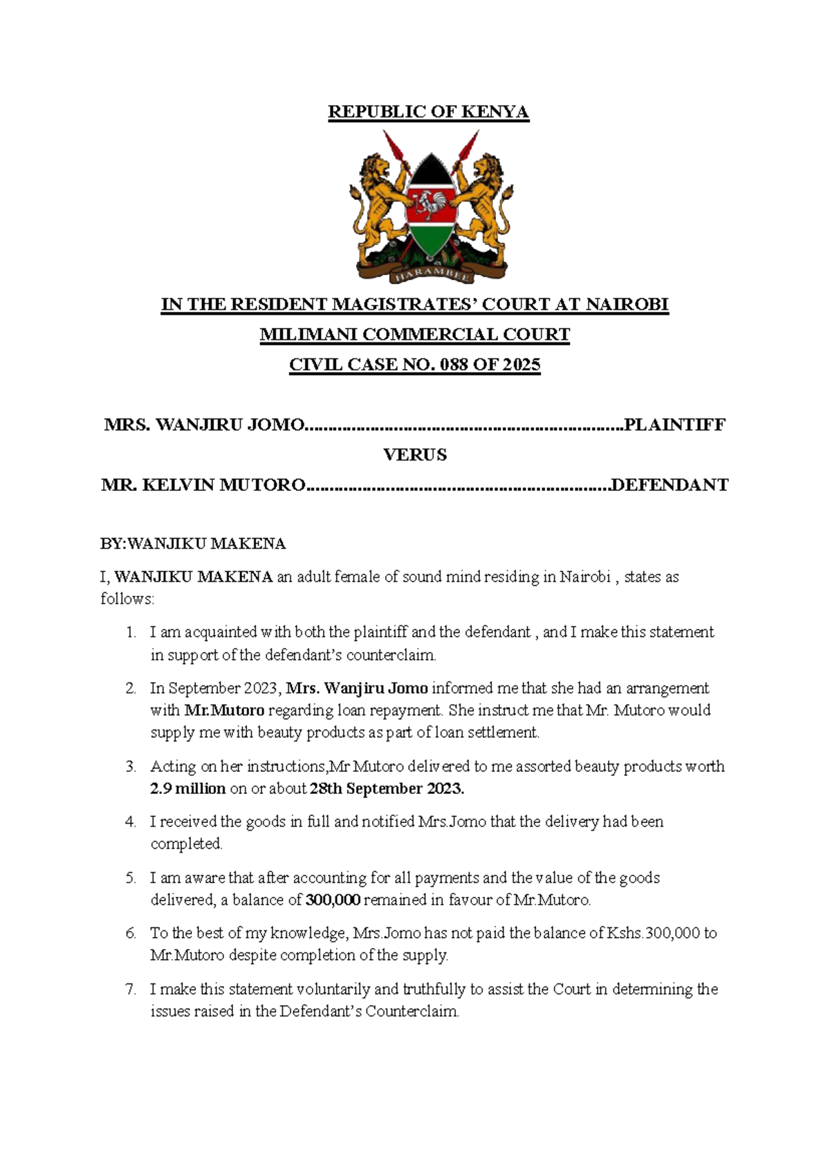 Witness Statement of Wanjiku Makena in Civil Case No. 088/2025 - Studocu