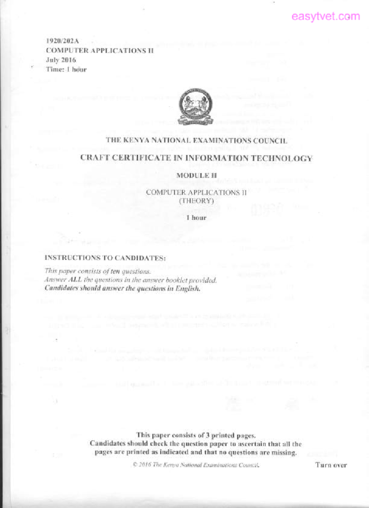 COMPUTER APPLICATIONS II Exam Paper - July 2016 - Studocu