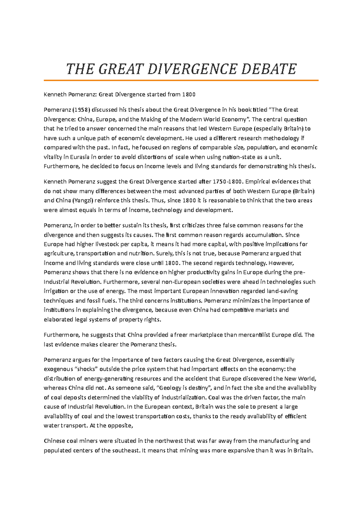 Critical Analysis of the Great Divergence Debate: Pomeranz & Beyond ...