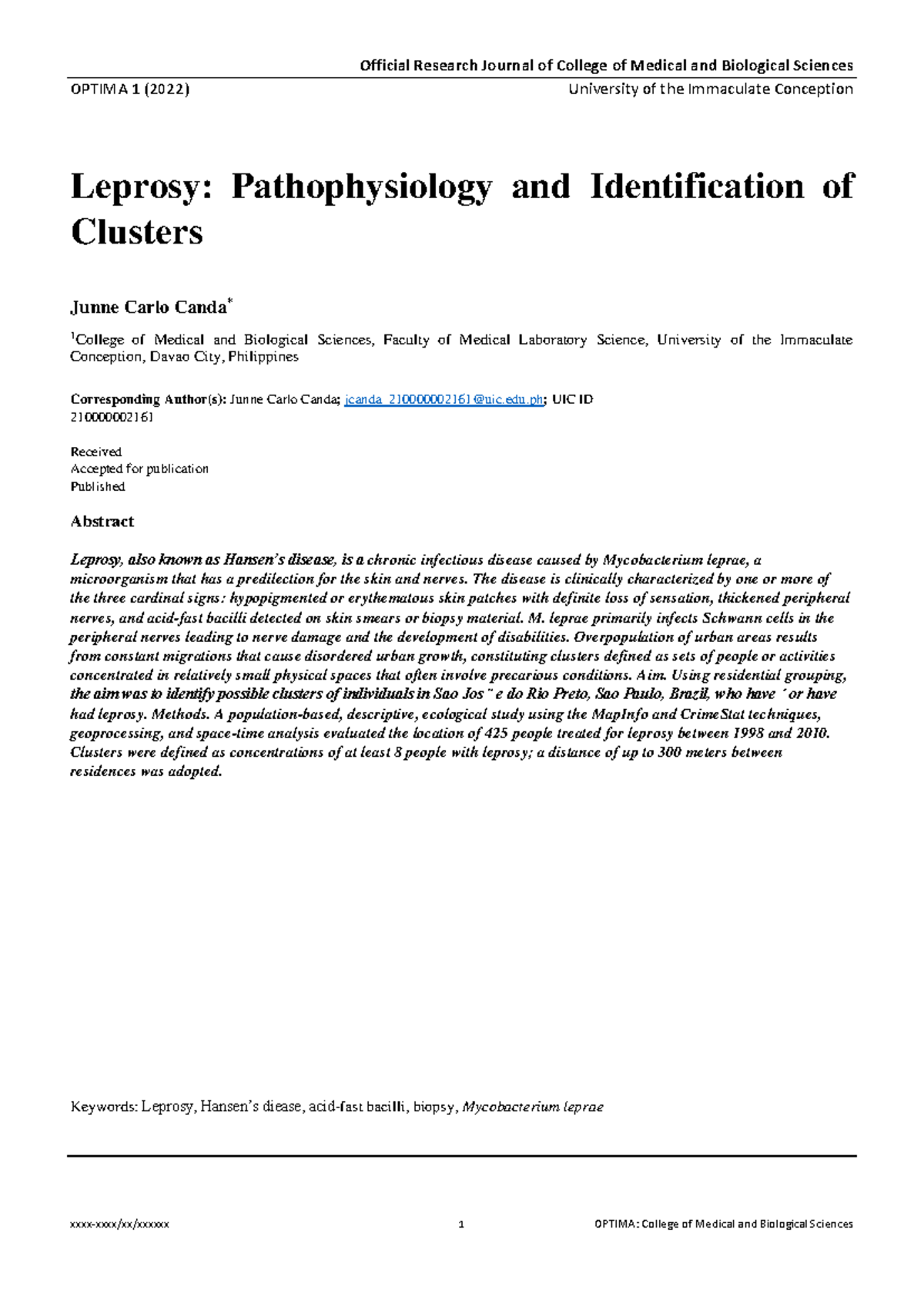 Leprosy Clusters in Sao Jose do Rio Preto: A Study (OPTIMA 1) - Studocu