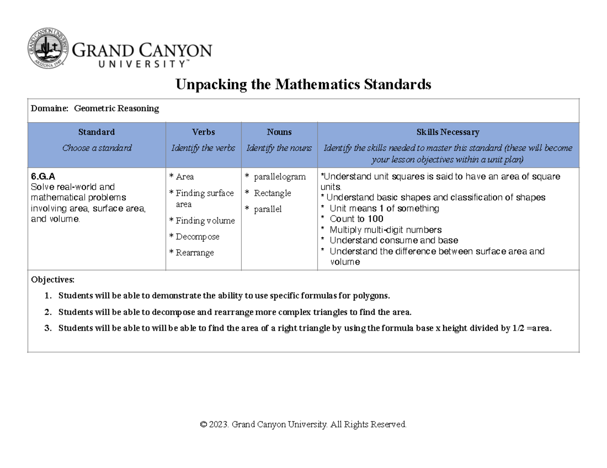 Brewster ELM 560: Unpacking Geometric & Algebraic Math Standards - Studocu