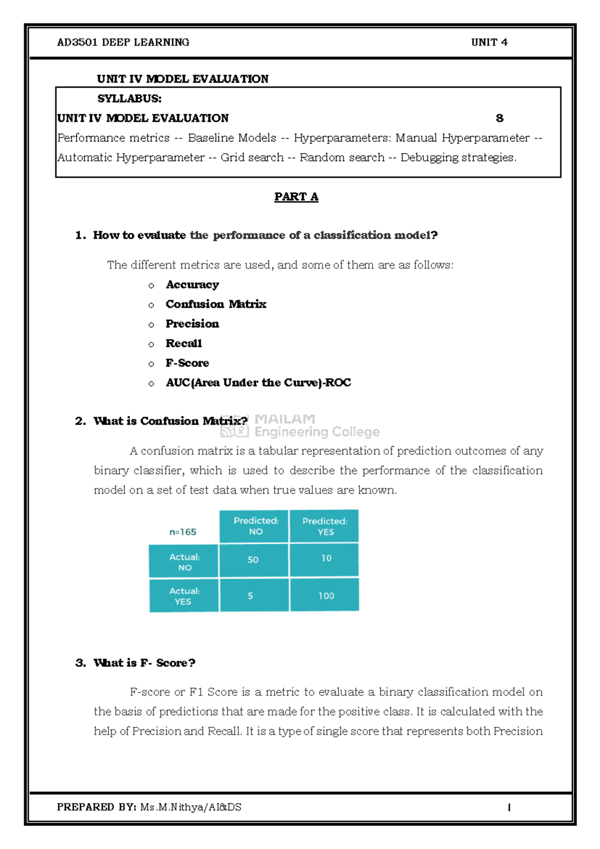 AD3501 DL UNIT 4 - Notes on Model Evaluation and Hyperparameter Tuning ...