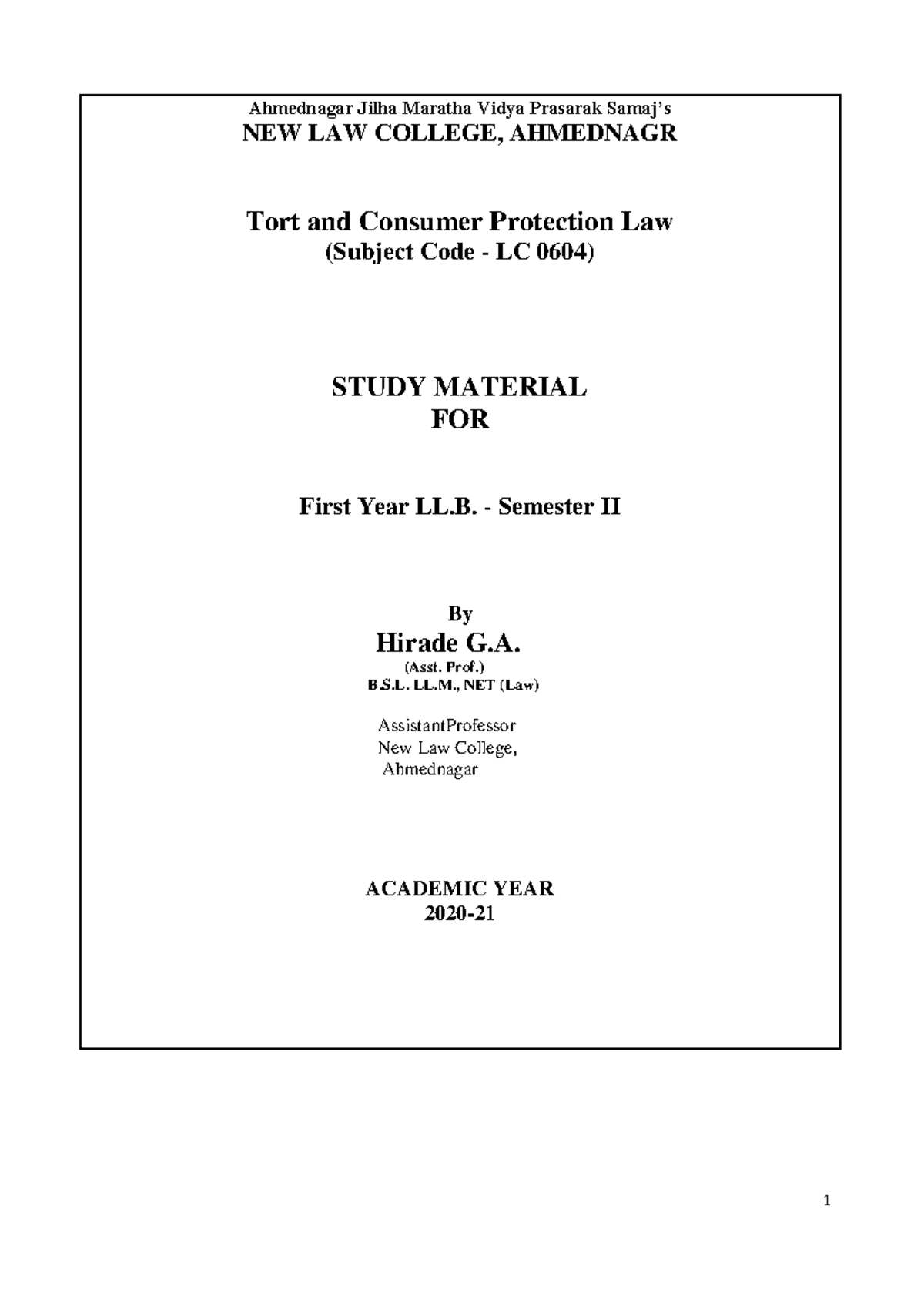 Law of Tort - Sjdjd - Ahmednagar Jilha Maratha Vidya Prasarak Samaj’s ...