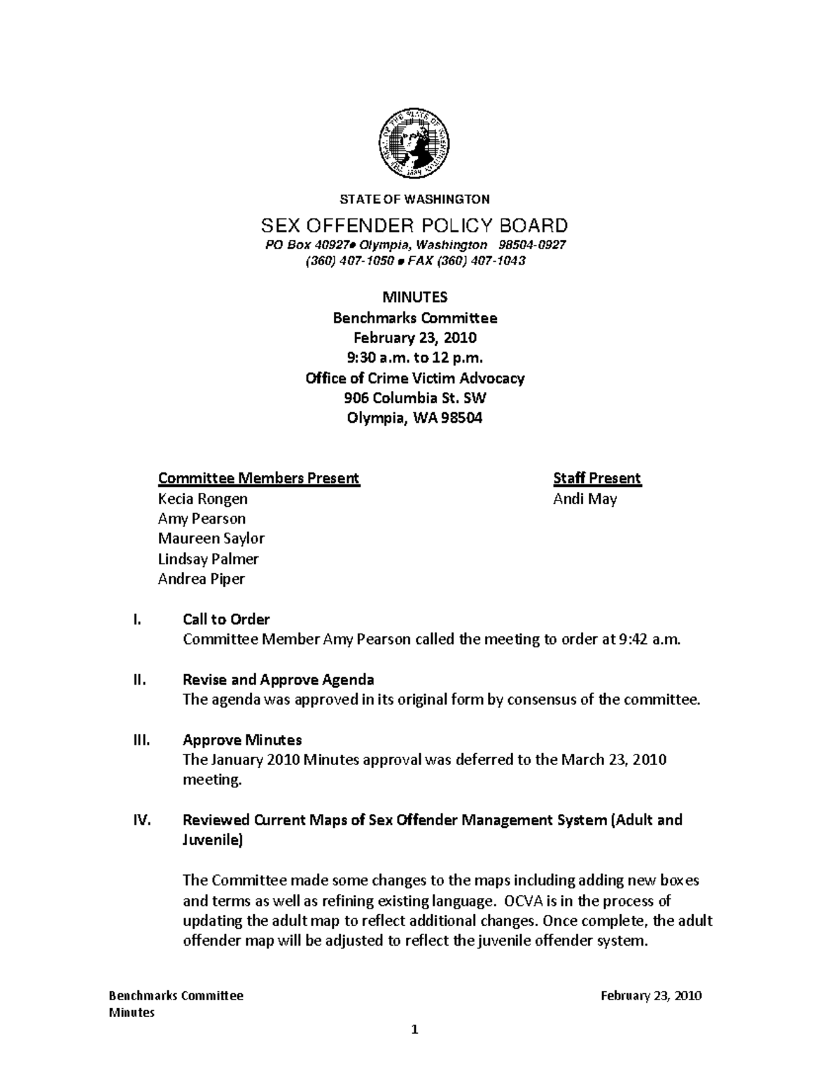 Washington Sex Offender Policy Board Minutes - Feb 23, 2010 - Studocu